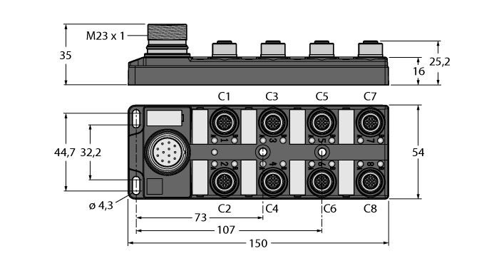 Passive Actuator/Sensor Box, M12 × 1 - 8-port, with M23 Connector for ...
